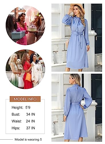 Dokotoo Women's Long Sleeve Satin Dresses Spring Mock Neck Keyhole Elastic High Waist Wedding Guest Evening Party Midi Dress Sky Blue Medium