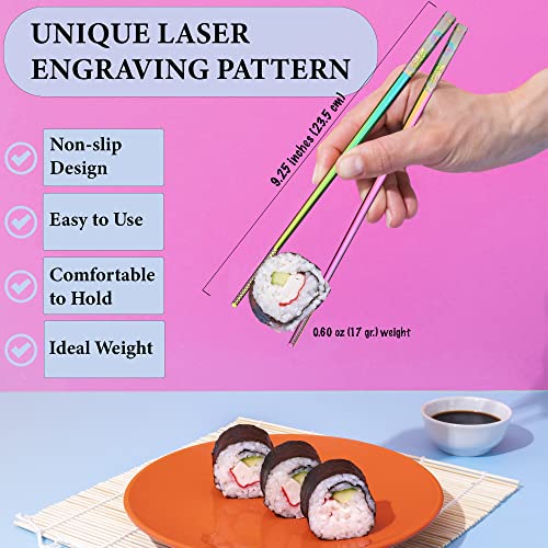EMRSTORES Stainless Steel Chopsticks - Laser Engraved Premium Multicolor Reusable Chopsticks - 5 Pairs Dishwasher Safe Metal Chopsticks - Easy to Use - Square Lightweight Chop Sticks - Gift Set