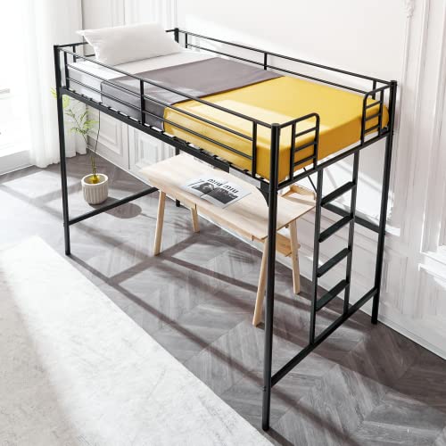 VINGLI Twin Loft Bed with Stairs, Metal Loft Bunk Bed with Safety Guard Rails & Flat Ladder Rung/Rubber Cover for Kids Teens Adults, Black