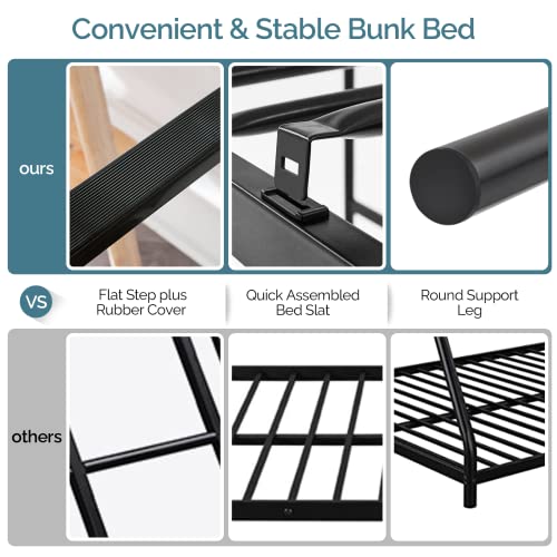 VINGLI Twin Loft Bed with Stairs, Metal Loft Bunk Bed with Safety Guard Rails & Flat Ladder Rung/Rubber Cover for Kids Teens Adults, Black