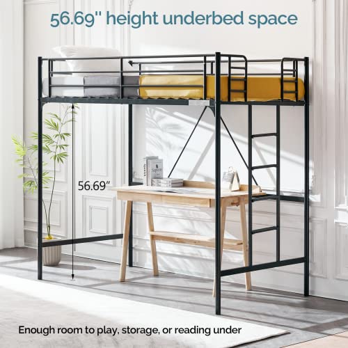 VINGLI Twin Loft Bed with Stairs, Metal Loft Bunk Bed with Safety Guard Rails & Flat Ladder Rung/Rubber Cover for Kids Teens Adults, Black