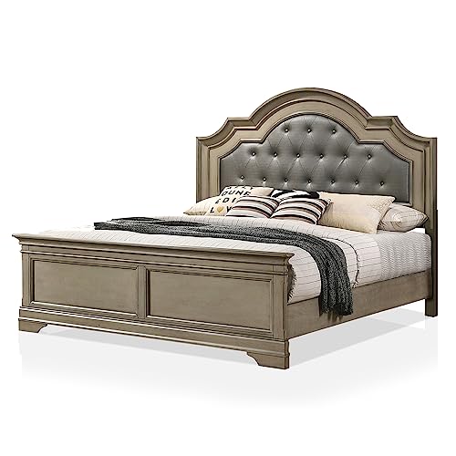 Furniture of America Apollinarius Transitional Wood 3-Piece Set, Tufted Headboard King-Size Bed and 3-Drawer Nightstand for Bedroom, Antique Warm Gray