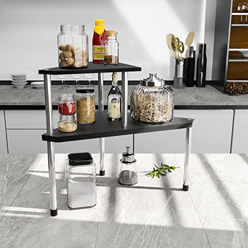 Weenson Bathroom Countertop Organizer Counter Shelf - Bathroom Organization 2 Tier Corner Shelf Bamboo Display Shelves Free-Standing Storage Organizer for Bathroom, Kitchen, Living Room (Black)