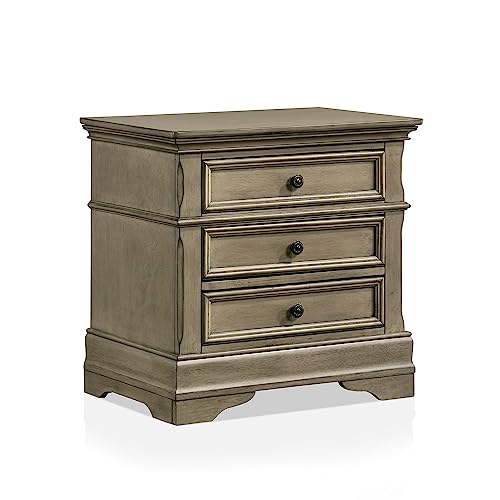Furniture of America Apollinarius Transitional Wood 3-Piece Set, Tufted Headboard King-Size Bed and 3-Drawer Nightstand for Bedroom, Antique Warm Gray