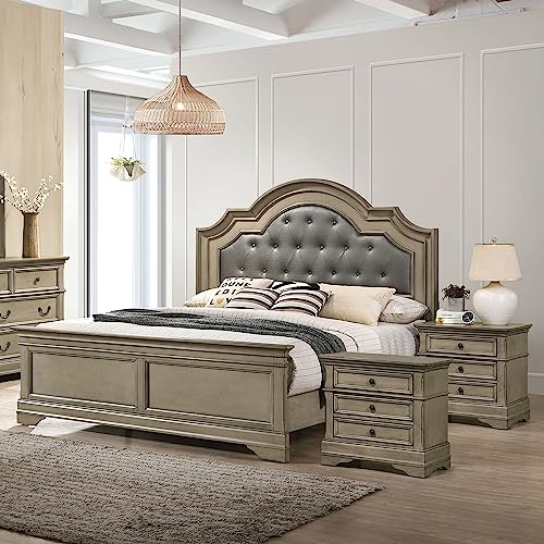 Furniture of America Apollinarius Transitional Wood 3-Piece Set, Tufted Headboard King-Size Bed and 3-Drawer Nightstand for Bedroom, Antique Warm Gray