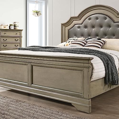 Furniture of America Apollinarius Transitional Wood 3-Piece Set, Tufted Headboard King-Size Bed and 3-Drawer Nightstand for Bedroom, Antique Warm Gray