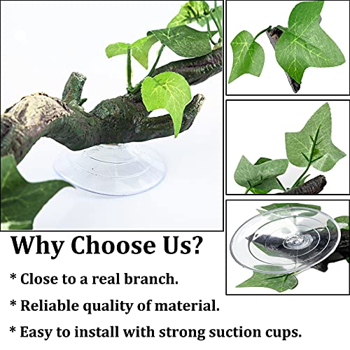 PINVNBY Reptile Corner Branch Resin Climb Tree Branch Decor with Leaves Terrarium Plant Decoration with Suction Cup Gecko Plant Ornament for Amphibian Lizard Snake Climbing