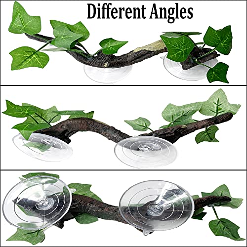 PINVNBY Reptile Corner Branch Resin Climb Tree Branch Decor with Leaves Terrarium Plant Decoration with Suction Cup Gecko Plant Ornament for Amphibian Lizard Snake Climbing