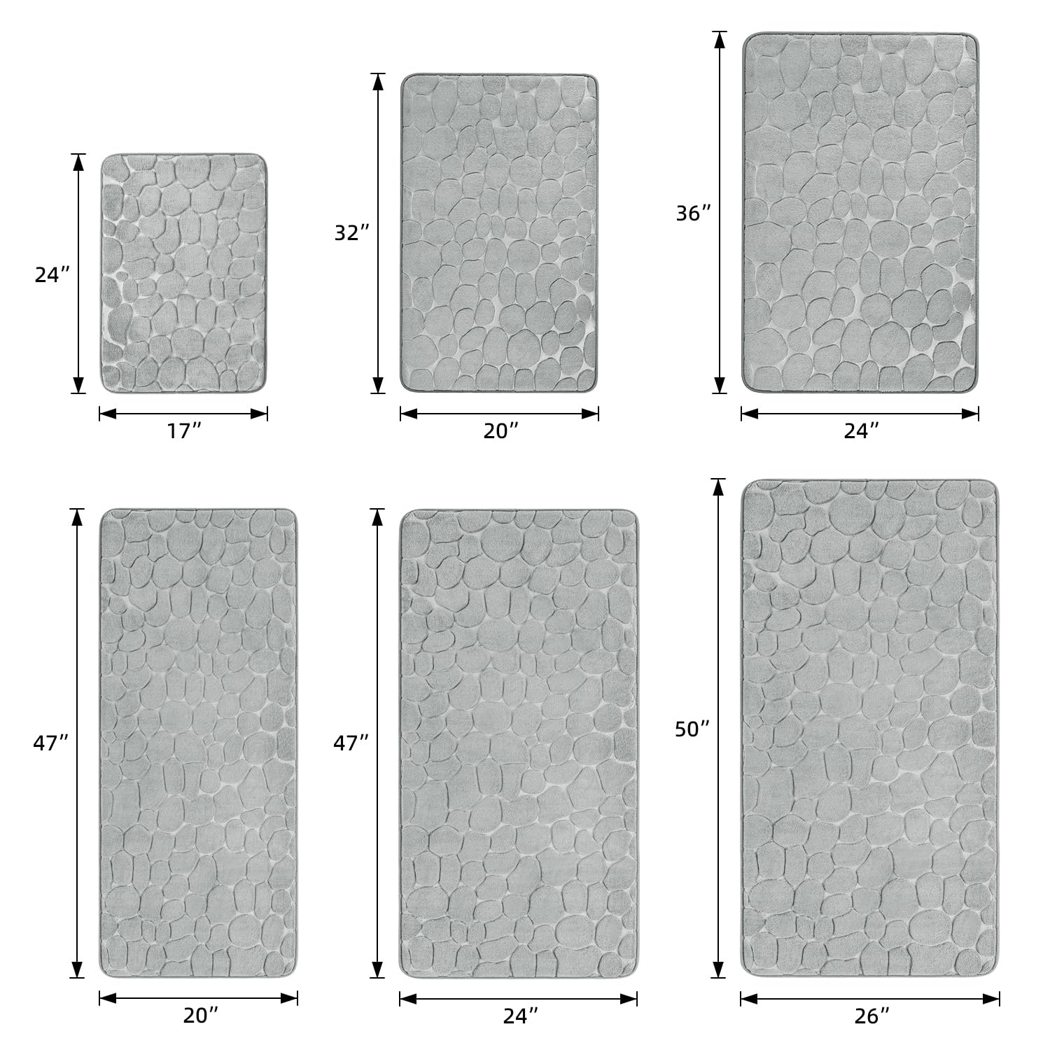 YIHOUSE Memory Foam Runner Rug, Cobblestone Bathroom Runner Rugs Super Water Absorbent Bath Mats for Bathroom Machine Washable Bath Rugs Runner for Hallway Bedroom Laundry Room(24 x 47,Light Gray)