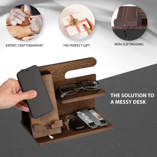 WiredMonkey Fathers Day Nightstand Organizer Wood - Durable Phone Docking Station with Non-Slip Base - Classy Solid Wood Gifts for Men - Hand Crafted Premium Bedside Table Organizer Men