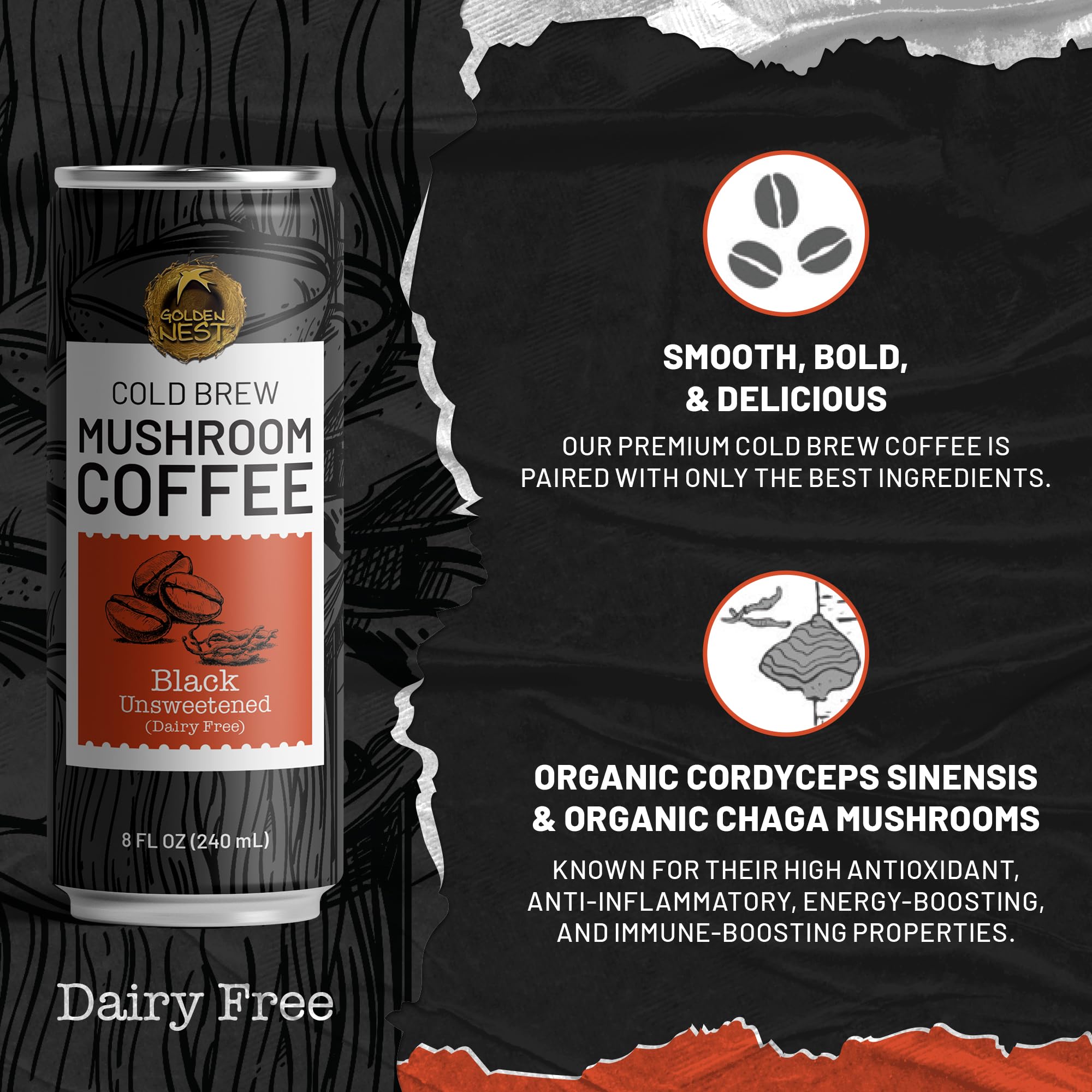 Golden Nest Cold Brew Mushroom Coffee | Ready to Drink Cold Brew Coffee with Organic Chaga & Cordyceps Mushroom | All Natural No Preservatives Dairy-Free | 8 Fl Oz Can (Black Unsweetened, 8 FL Oz (Pack of 6))