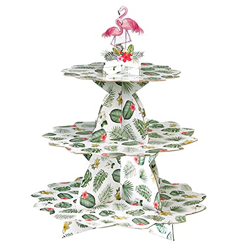 BORAMDO Flamingo Cardboard Cupcake Stand,3-Tier Tropical Leaves Pattern Dessert Tower,Hawaiian Luau Cake Holders for 24 Cupcakes, Kids Birthday Baby Shower Wedding Party Supplies (Hawaii Leaves)