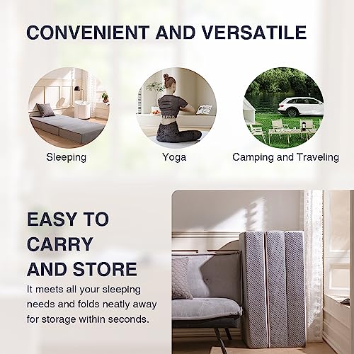 Dyonery Folding Mattress, 6 Inch Queen CertiPUR-US Certified Memory Foam Foldable Camping Mattress with Washable Cover, 80"×60"×6", Grey