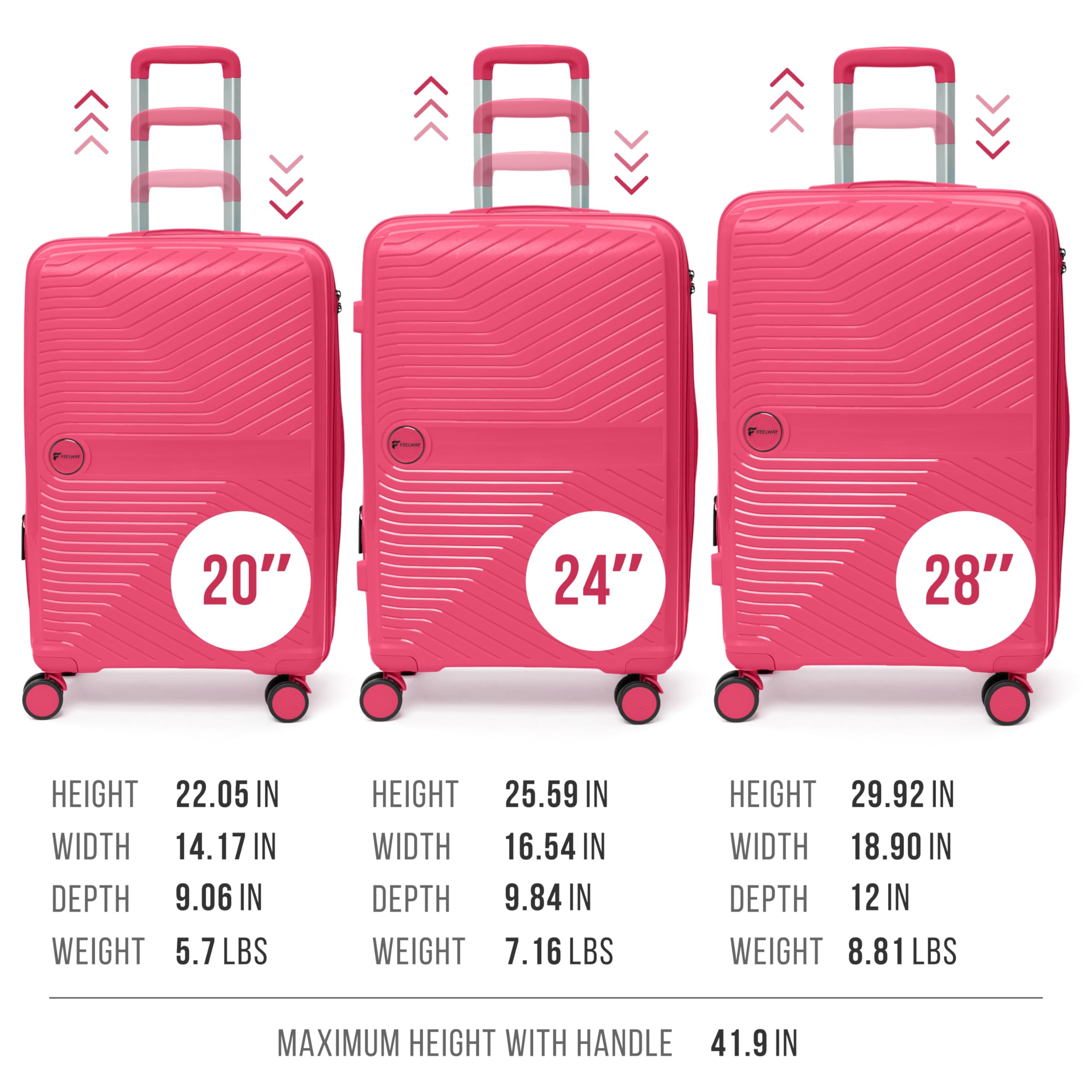 Feelway Travel 3-Piece Hard Side Luggage Set Durable, Expandable Design with 360° Double Spinner Wheels, TSA Lock, Telescopic Handle, Secure Zipper (Pink, Set of 3 (20", 24", 28"))