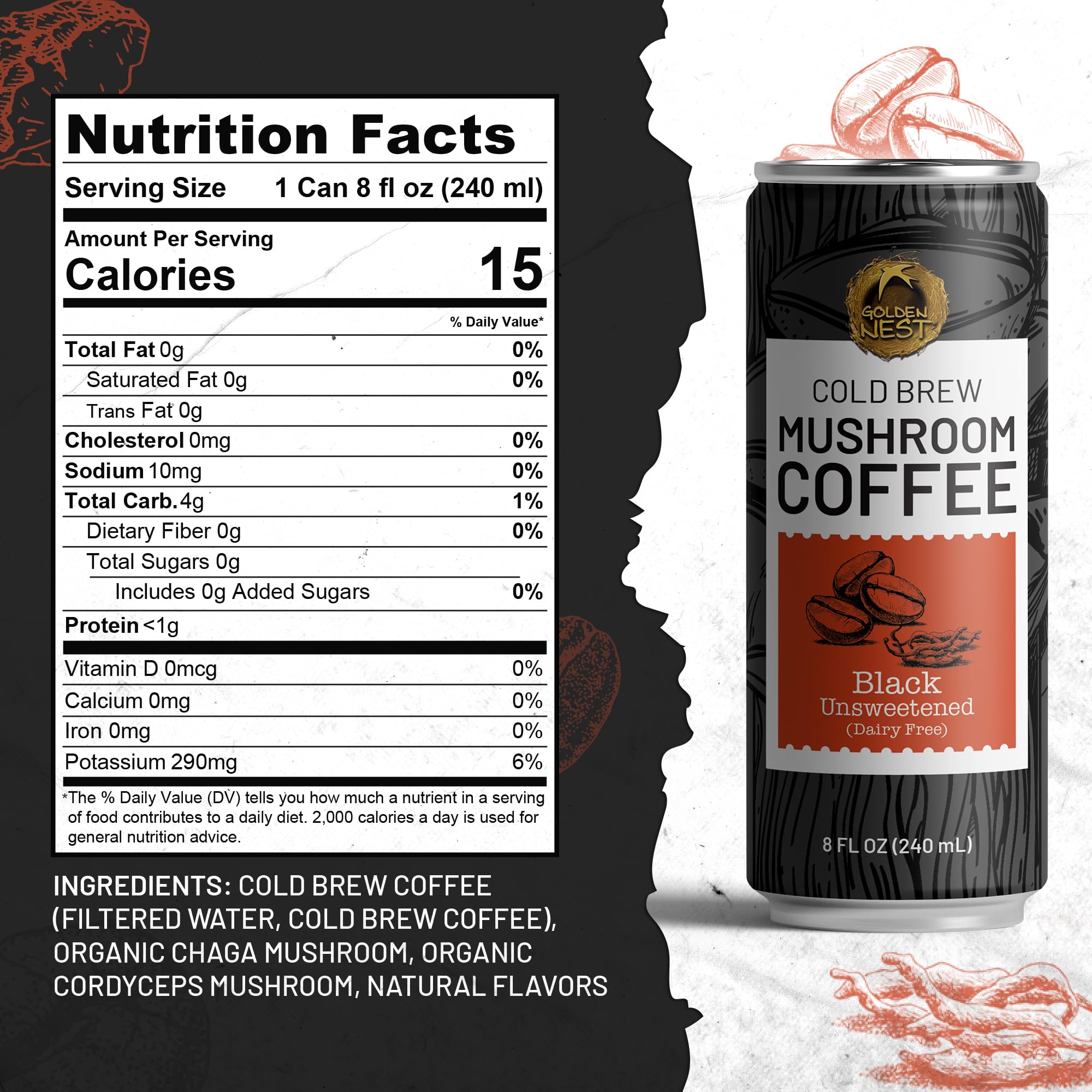 Golden Nest Cold Brew Mushroom Coffee | Ready to Drink Cold Brew Coffee with Organic Chaga & Cordyceps Mushroom | All Natural No Preservatives Dairy-Free | 8 Fl Oz Can (Black Unsweetened, 8 FL Oz (Pack of 6))