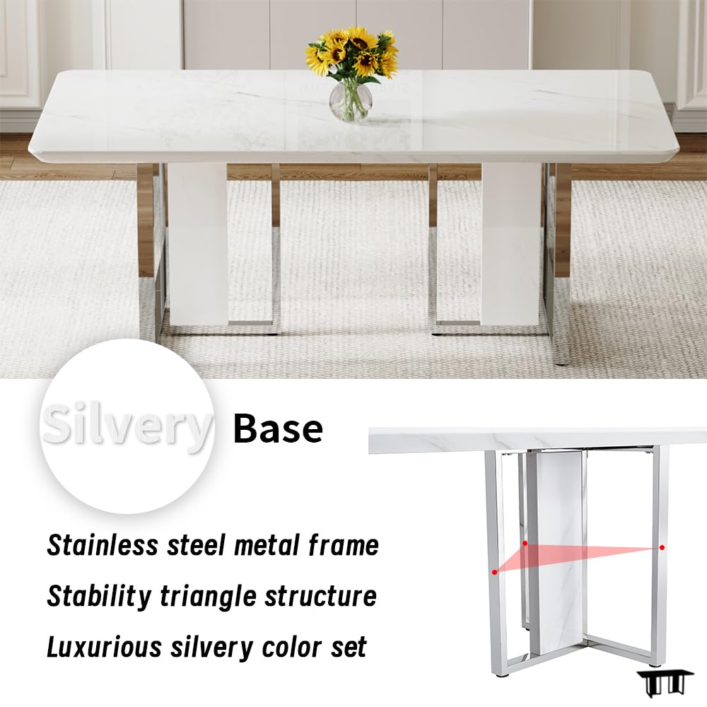 Dining Table Set for 6,White Glossy Kitchen Table and Chairs,67" Marble Decals Kitchen Table Set 6 with PU Leather Dining Chairs,1.57" Thick MDF Wood Board Top with Chrome Plate Sliver Metal Base