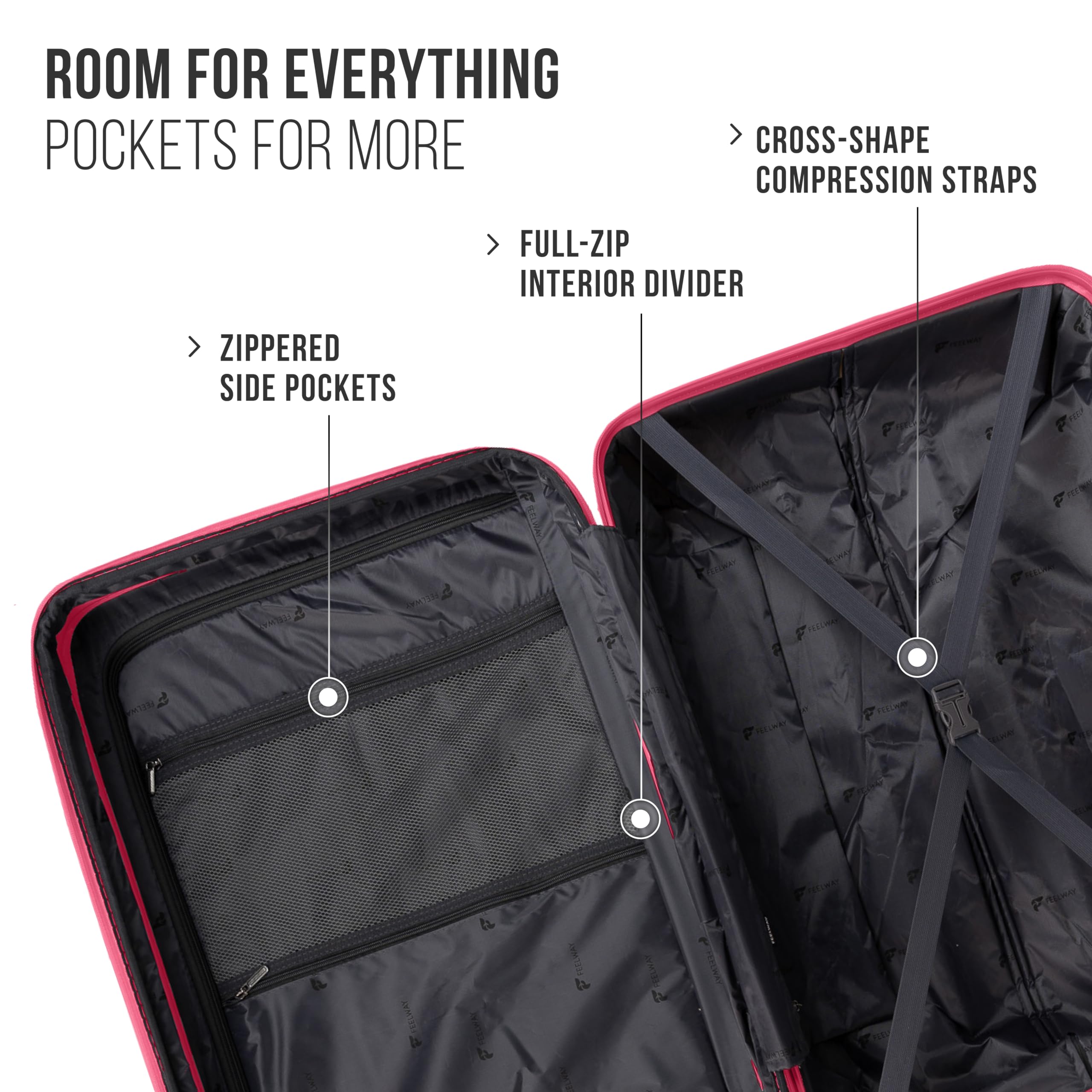 Feelway Travel 3-Piece Hard Side Luggage Set Durable, Expandable Design with 360° Double Spinner Wheels, TSA Lock, Telescopic Handle, Secure Zipper (Pink, Set of 3 (20", 24", 28"))