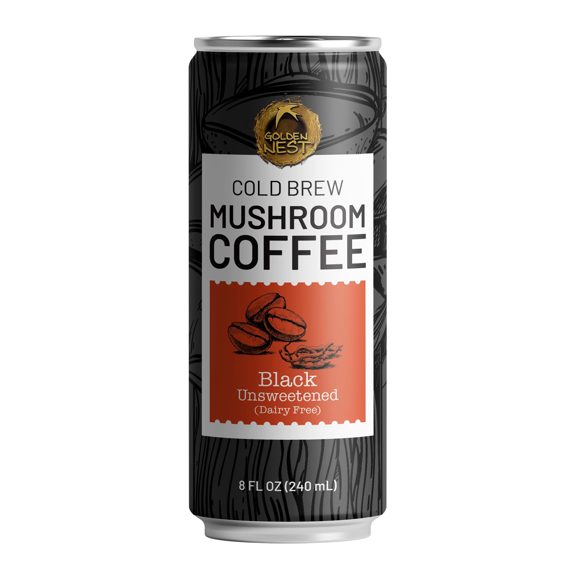 Golden Nest Cold Brew Mushroom Coffee | Ready to Drink Cold Brew Coffee with Organic Chaga & Cordyceps Mushroom | All Natural No Preservatives Dairy-Free | 8 Fl Oz Can (Black Unsweetened, 8 FL Oz (Pack of 6))