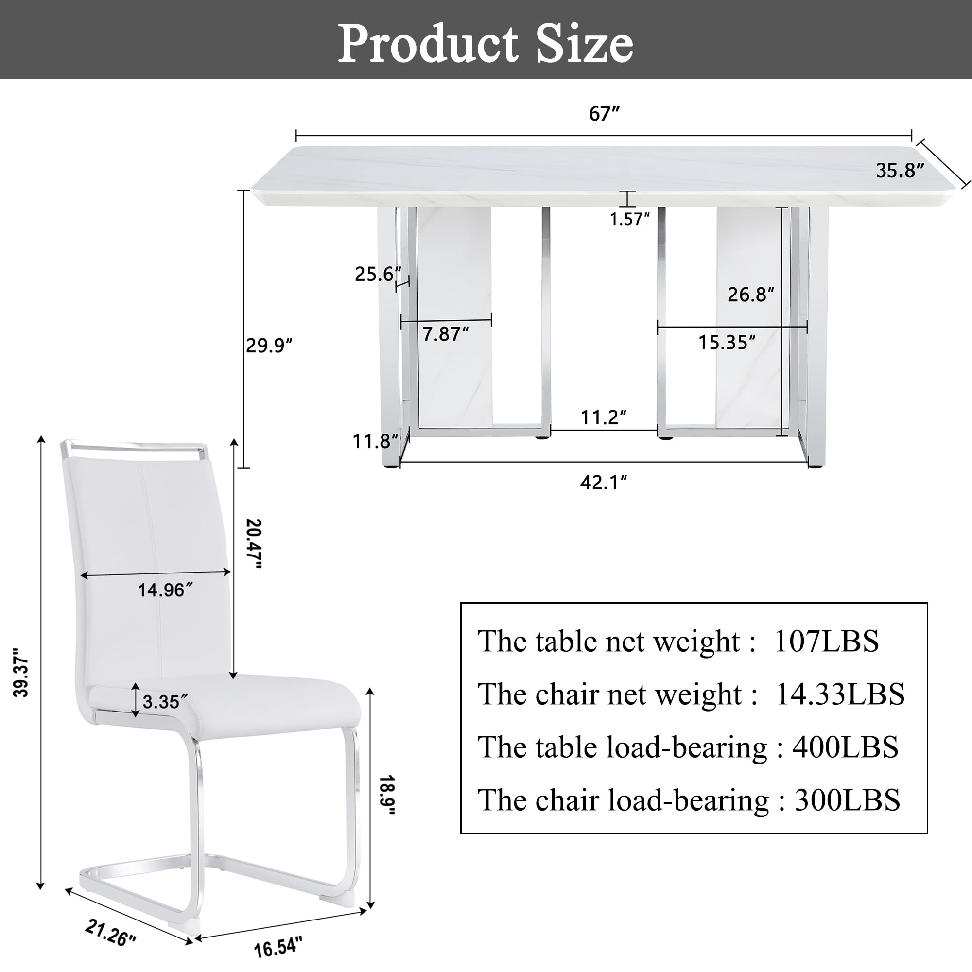 Dining Table Set for 6,White Glossy Kitchen Table and Chairs,67" Marble Decals Kitchen Table Set 6 with PU Leather Dining Chairs,1.57" Thick MDF Wood Board Top with Chrome Plate Sliver Metal Base