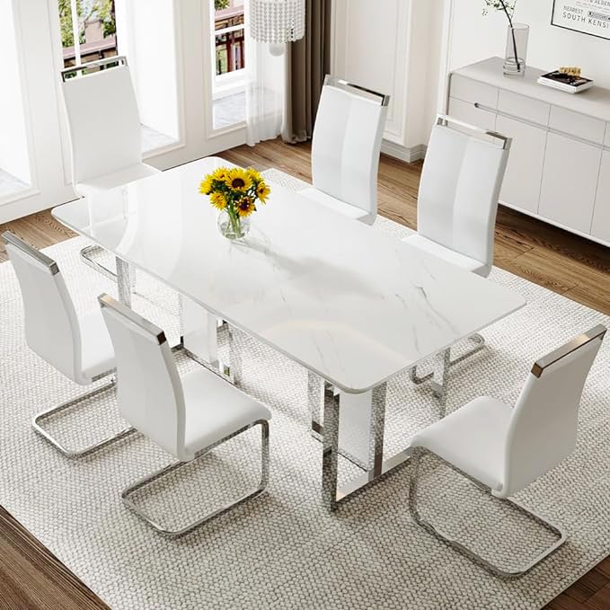 Dining Table Set for 6,White Glossy Kitchen Table and Chairs,67" Marble Decals Kitchen Table Set 6 with PU Leather Dining Chairs,1.57" Thick MDF Wood Board Top with Chrome Plate Sliver Metal Base