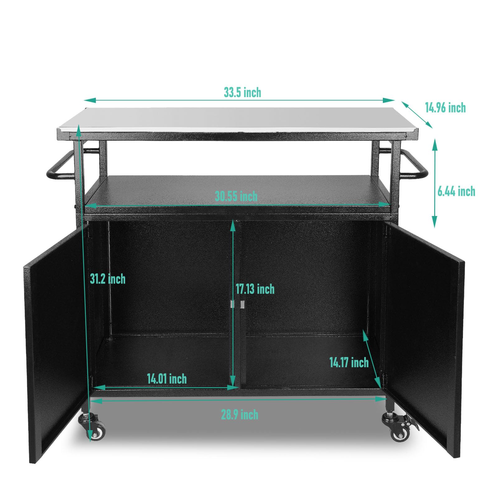 Karpevta Outdoor Grilling Table with Storage, Metal Outdoor Grill Cart with Storage and Wheels,Stainless Steel Countertop Kitchen Island Cart and Storage Cabinet for BBQ,Patio,Backyard