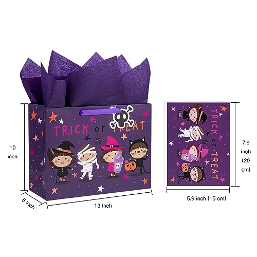 WRAPAHOLIC 13" Halloween Large Gift Bag with Card and Tissue Paper - Adorble Child and Trick or Treat Lettering Design