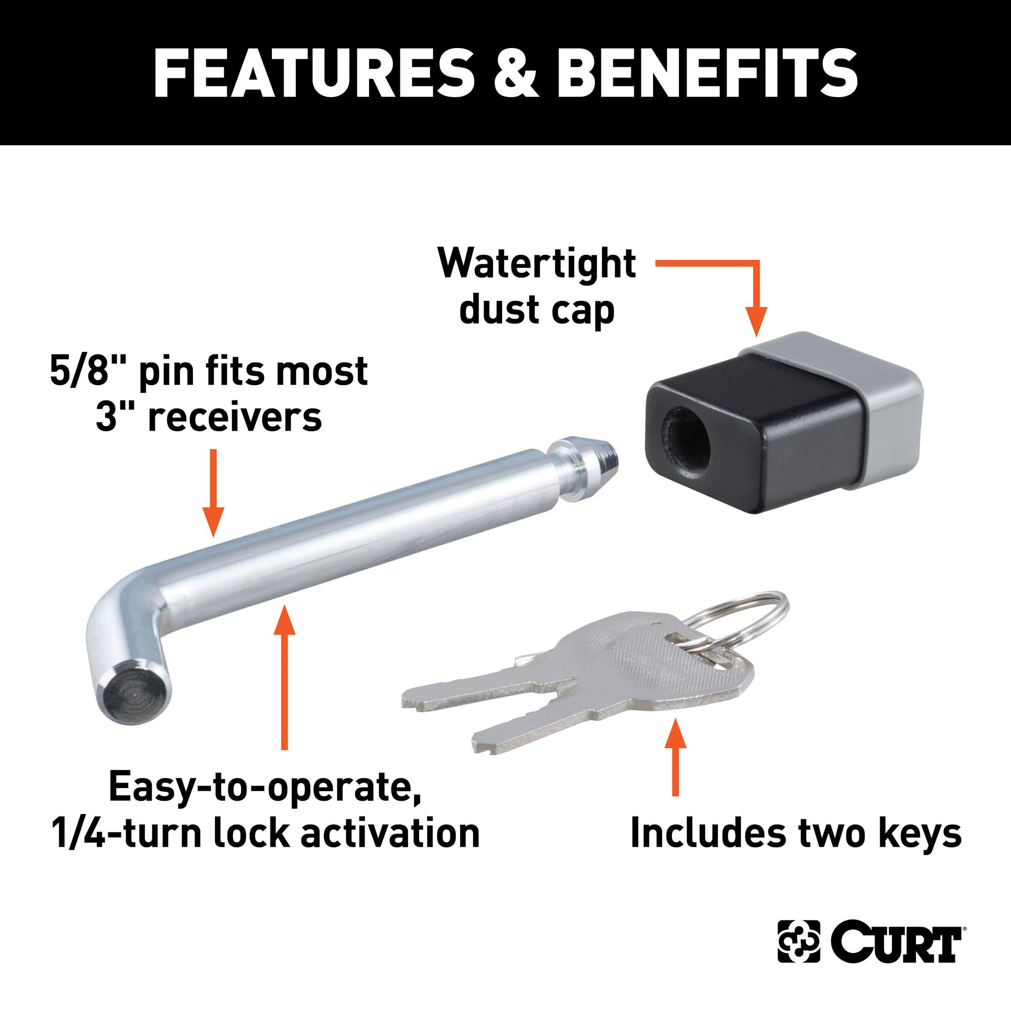 CURT 23021 Trailer Hitch Lock, 5/8-Inch Pin Diameter, Fits Most 3-Inch Receivers