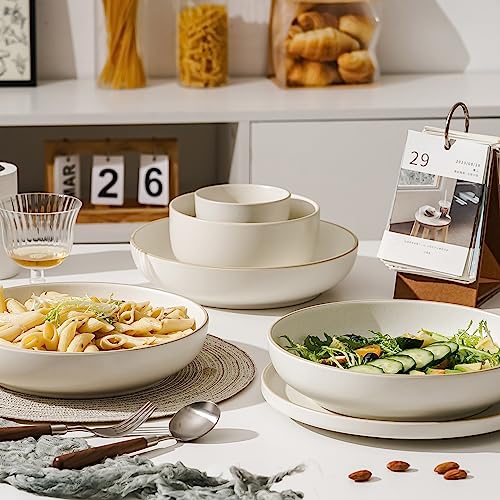 S&Q'S CERAMICS Large Serving Bowls Set of 4, 65 Ounce Large Salad Bowls,10'' Ceramic Wide Shallow Bowl Plates, Big Serving Dishes for Party, Entertaining, Microwave Safe (Glazed Matte Off-White)