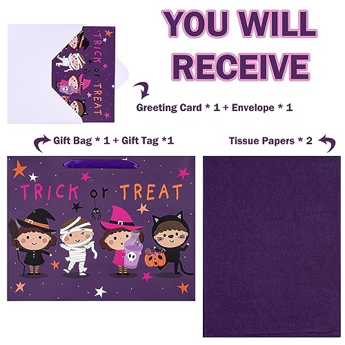 WRAPAHOLIC 13" Halloween Large Gift Bag with Card and Tissue Paper - Adorble Child and Trick or Treat Lettering Design
