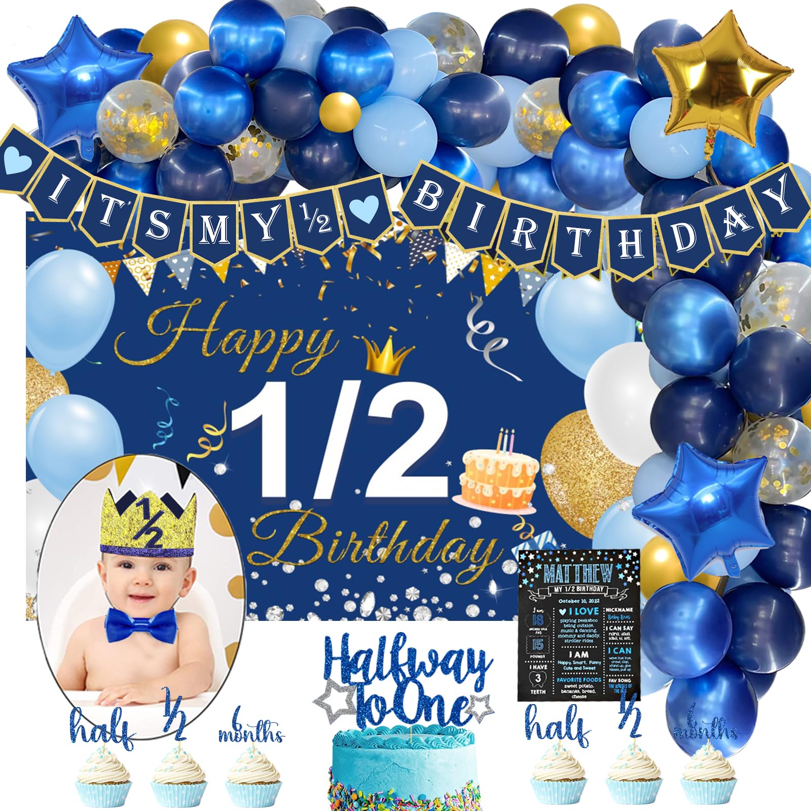 111 PCs Half Birthday Decorations Baby Boy, Fiesec 6 Months Birthday Decorations Boy Happy 1/2 Birthday Backdrop Balloon Garland Its My 1/2 Birthday Banner Cake Cupcake Topper Tie Crown Poster Blue