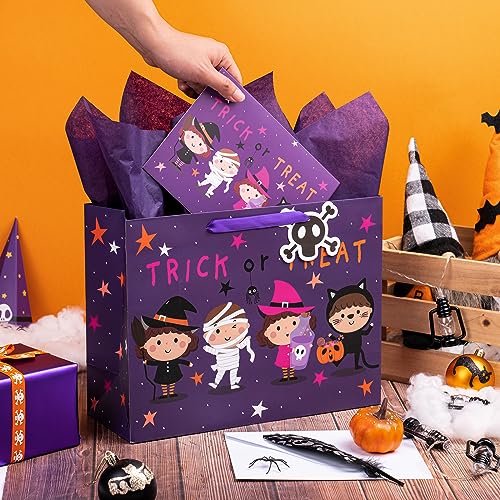 WRAPAHOLIC 13" Halloween Large Gift Bag with Card and Tissue Paper - Adorble Child and Trick or Treat Lettering Design