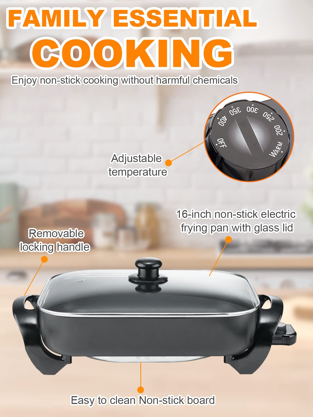 Extra Deep Electric Skillet Nonstick - 16 Inch Frying Pan With Glass lid, Server for 4 Perple or Family, for Frying, Steaming, Boiling, Easy to Clean,Dishwasher Safe