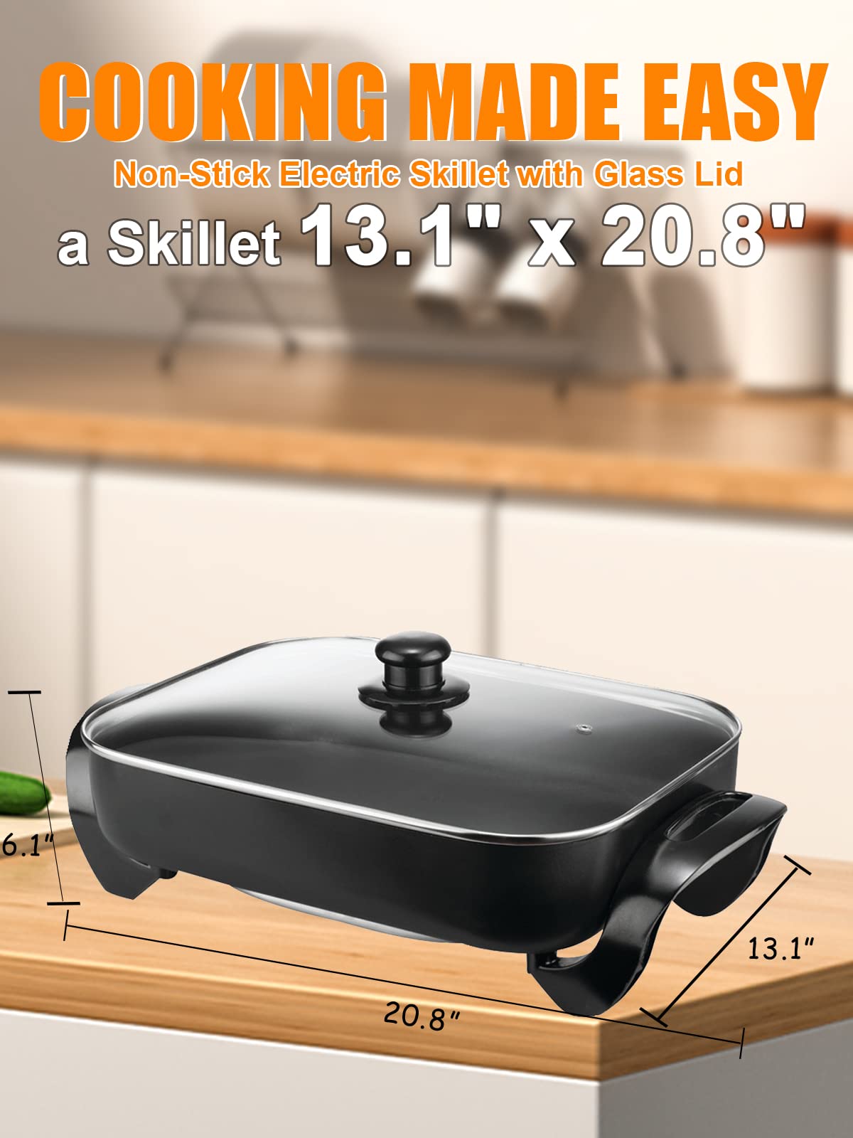 Extra Deep Electric Skillet Nonstick - 16 Inch Frying Pan With Glass lid, Server for 4 Perple or Family, for Frying, Steaming, Boiling, Easy to Clean,Dishwasher Safe