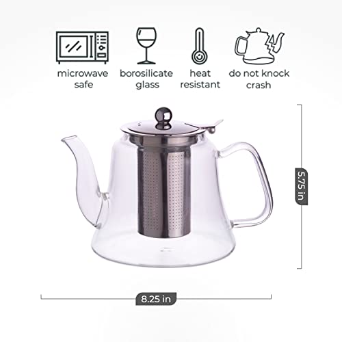 Aserson 1200 ml/40 oz Glass Teapot, Heat Resistant, Stainless Steel Infuser, Handmade, Leaf Tea Brewer, Borosilicate Glass, Stovetop Teapot and Microwave Safe
