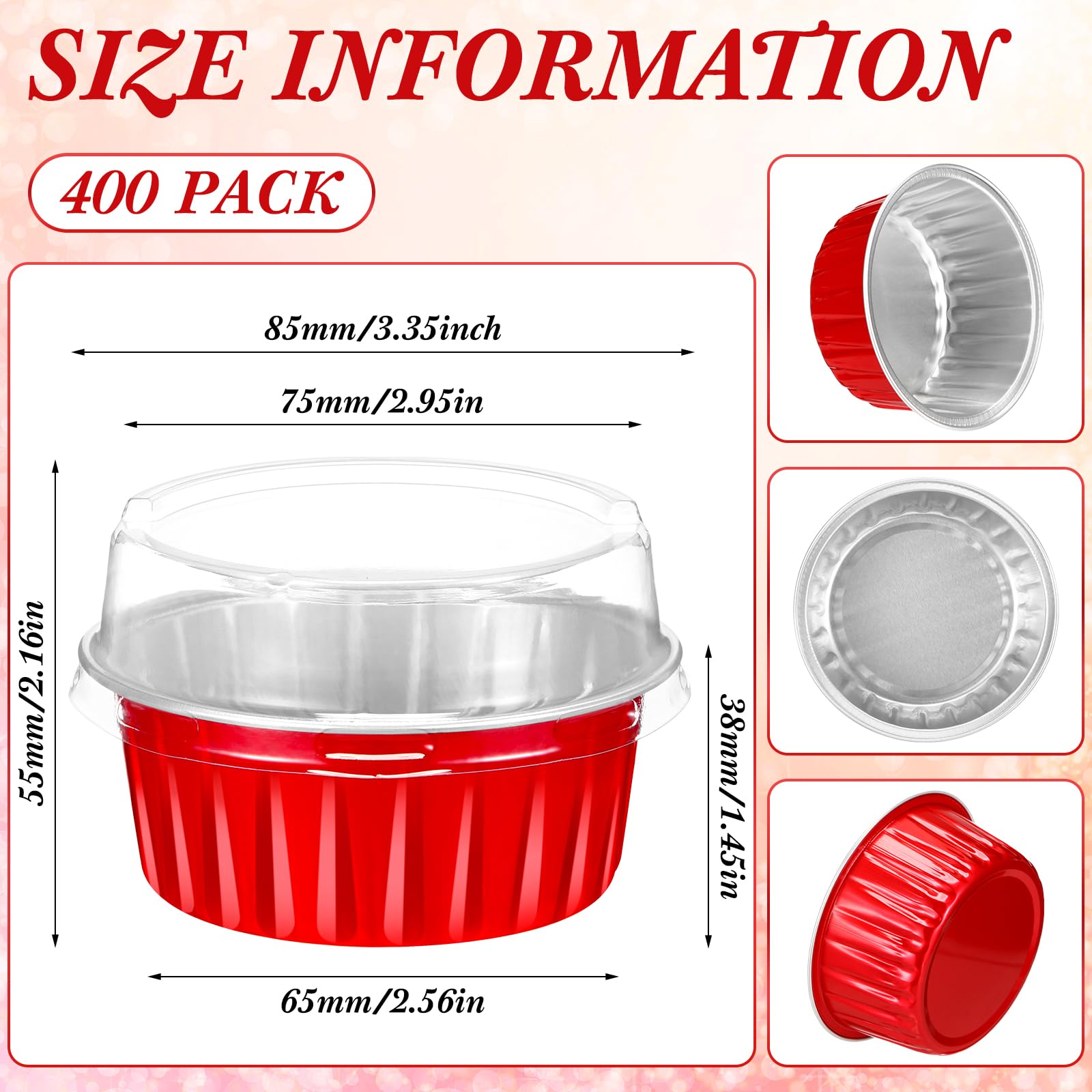 Gejoy 400 Pcs Disposable Ramekins 5 oz Aluminum Foil Baking Cups with Lids Mini Creme Brulee Cupcake Liners Muffin Pans Flan Mold Dessert Tin Container for Wedding Birthday Party(Red)