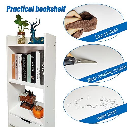 XM&LZ White Narrow Bookcase,Tall Bookshelf with Doors and Drawers Bedroom Storage Cabinets Book Shelves for Small Spaces Display Rack Organizer-White 13Γ10Γ71inch