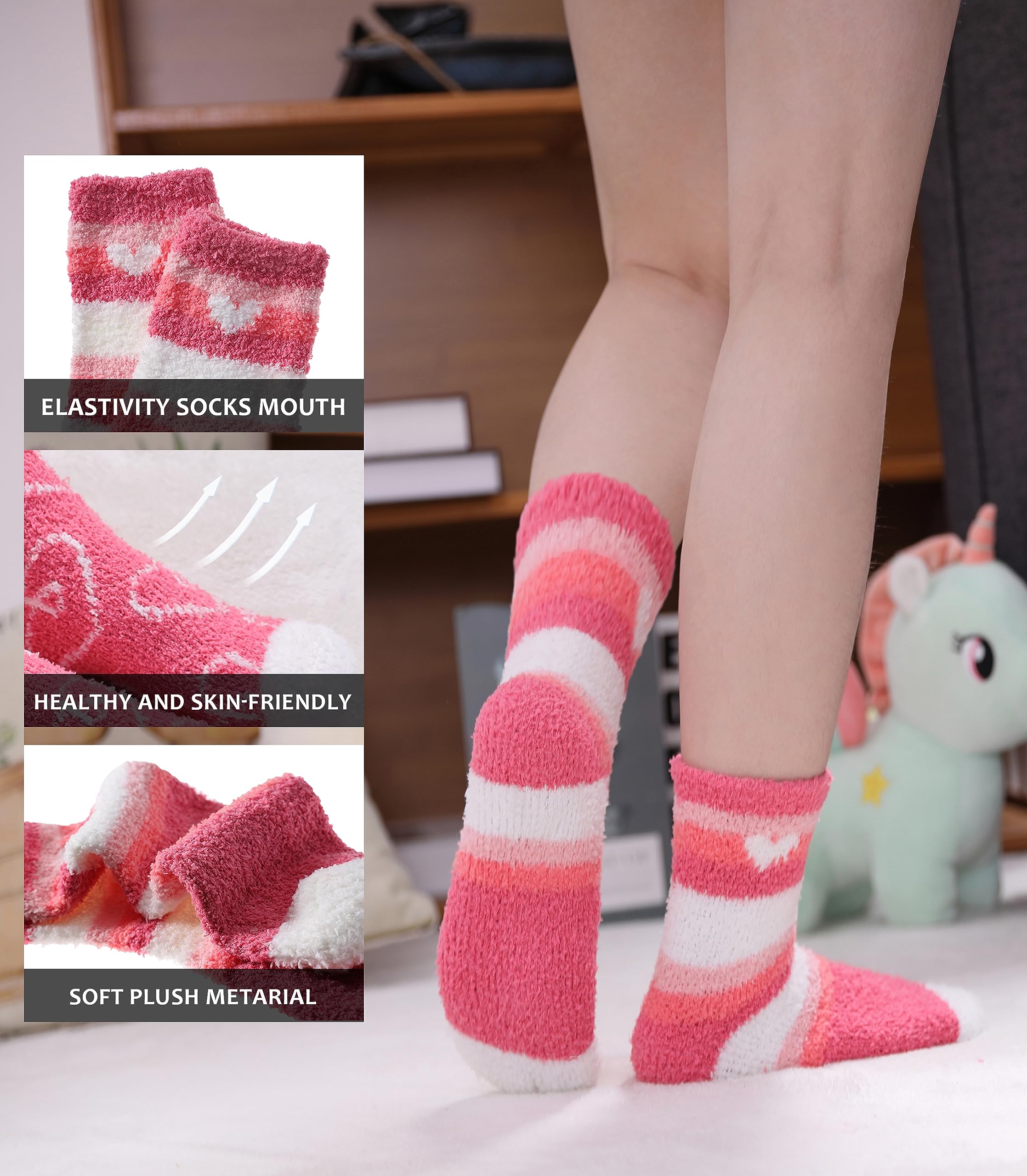 SDBING Fuzzy Socks for Women Soft Fluffy Home Sleeping Socks Cozy Warm Slipper Socks 6 or 5 Pairs (5 Pairs Pink Hearts)
