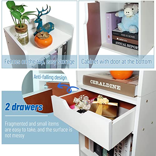 XM&LZ White Narrow Bookcase,Tall Bookshelf with Doors and Drawers Bedroom Storage Cabinets Book Shelves for Small Spaces Display Rack Organizer-White 13Γ10Γ71inch