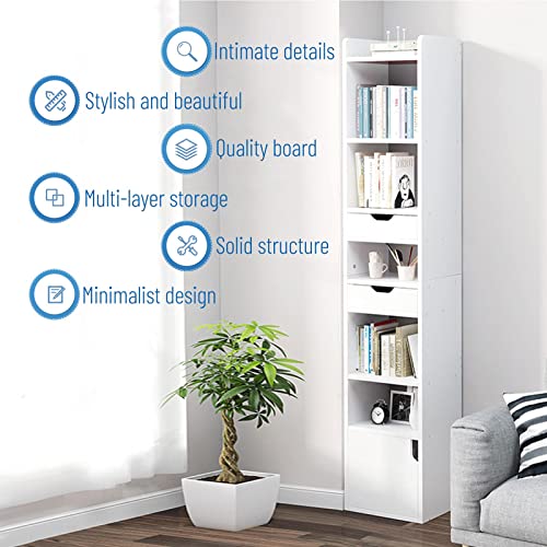 XM&LZ White Narrow Bookcase,Tall Bookshelf with Doors and Drawers Bedroom Storage Cabinets Book Shelves for Small Spaces Display Rack Organizer-White 13Γ10Γ71inch