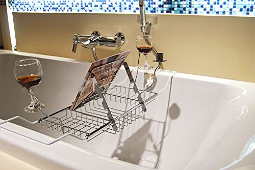 ZHYIYI Stainless Steel Bathtub Caddy Tray,Over Bath Tub Racks Organizer with Removable Wine Rack Book Candle Holder,Expandable Bath Tub Shelf for Reading Black