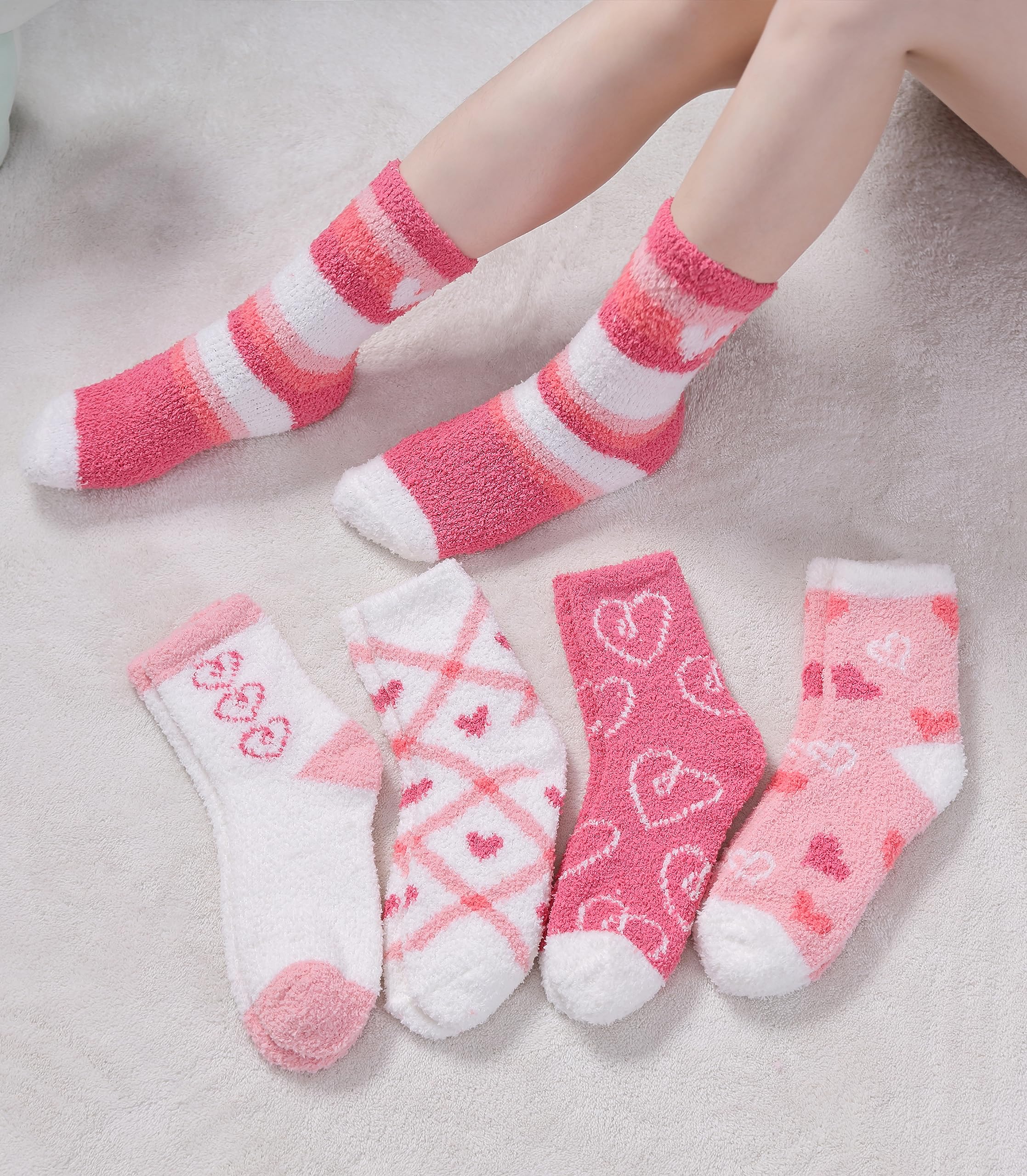 SDBING Fuzzy Socks for Women Soft Fluffy Home Sleeping Socks Cozy Warm Slipper Socks 6 or 5 Pairs (5 Pairs Pink Hearts)