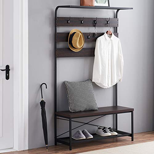 Entryway Coat Rack Bench, Modern Hall Tree with Storage Bench, Wood and Metal Hallway Bench with Coat Rack, 39x70 Inch Espresso