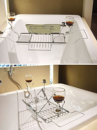 ZHYIYI Stainless Steel Bathtub Caddy Tray,Over Bath Tub Racks Organizer with Removable Wine Rack Book Candle Holder,Expandable Bath Tub Shelf for Reading Black