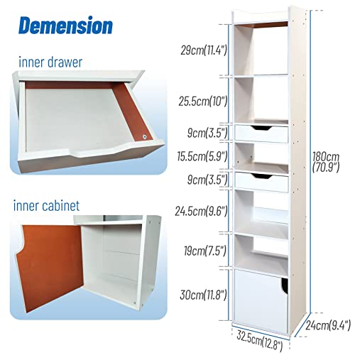 XM&LZ White Narrow Bookcase,Tall Bookshelf with Doors and Drawers Bedroom Storage Cabinets Book Shelves for Small Spaces Display Rack Organizer-White 13Γ10Γ71inch