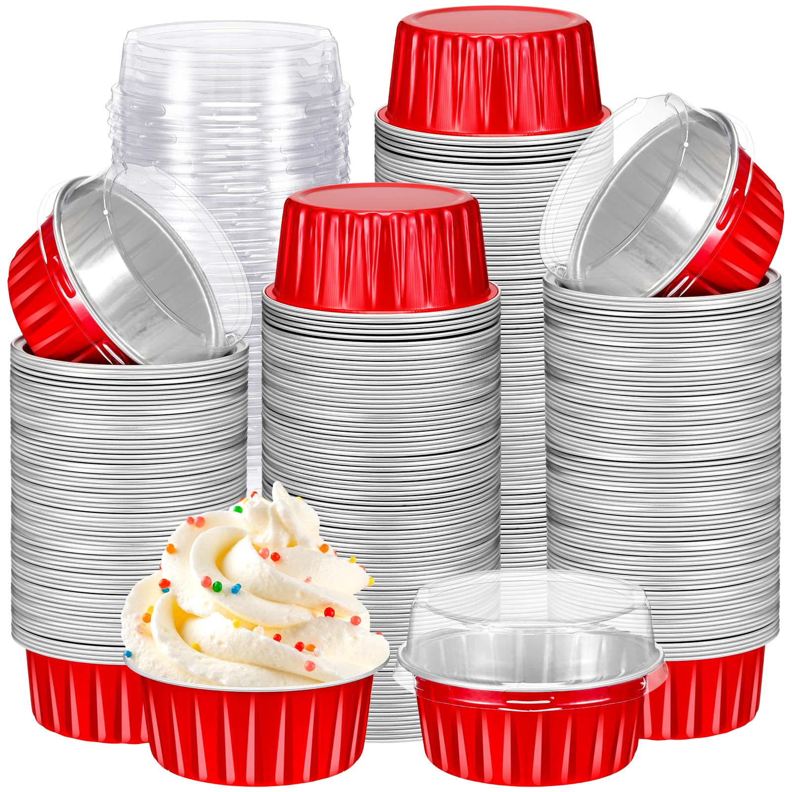 Gejoy 400 Pcs Disposable Ramekins 5 oz Aluminum Foil Baking Cups with Lids Mini Creme Brulee Cupcake Liners Muffin Pans Flan Mold Dessert Tin Container for Wedding Birthday Party(Red)