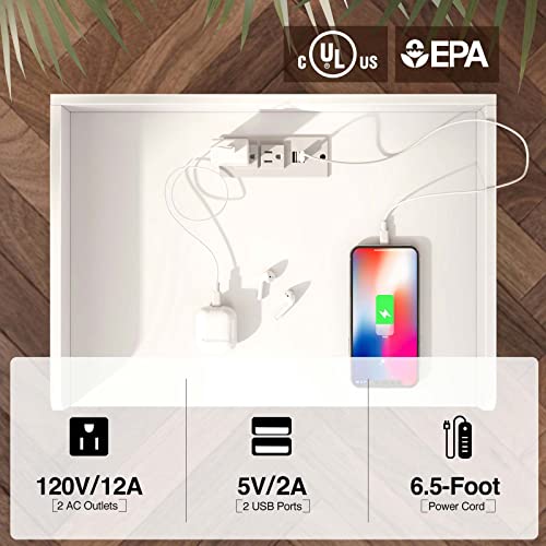 Seventable Nightstand with Charging Station and LED Lights, Modern Design End Side Table with 2 Drawers, Nightstand Open Compartment for Bedroom, White
