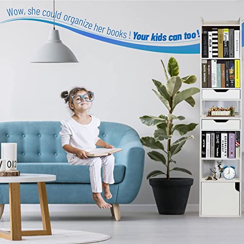 XM&LZ White Narrow Bookcase,Tall Bookshelf with Doors and Drawers Bedroom Storage Cabinets Book Shelves for Small Spaces Display Rack Organizer-White 13Γ10Γ71inch