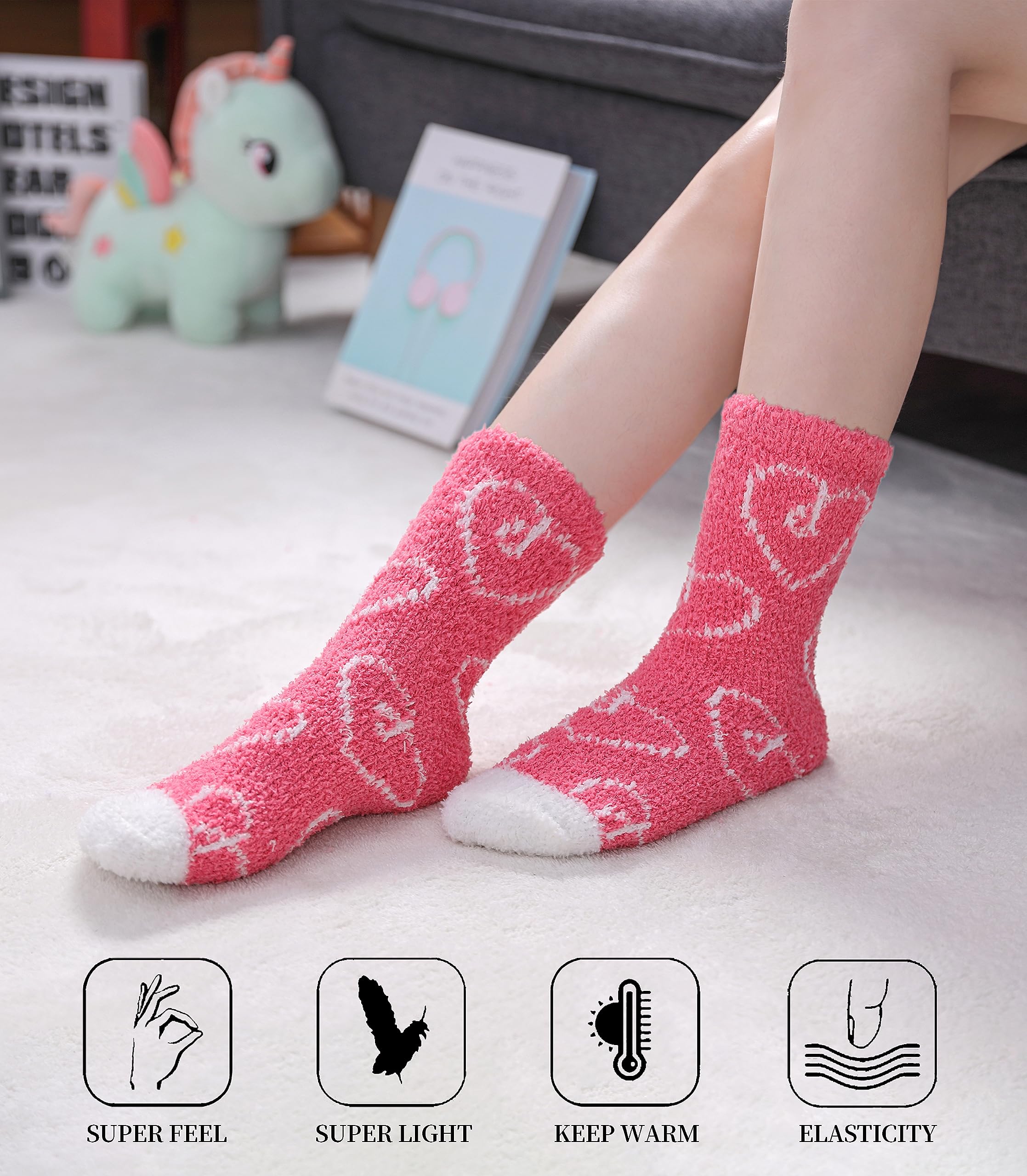 SDBING Fuzzy Socks for Women Soft Fluffy Home Sleeping Socks Cozy Warm Slipper Socks 6 or 5 Pairs (5 Pairs Pink Hearts)