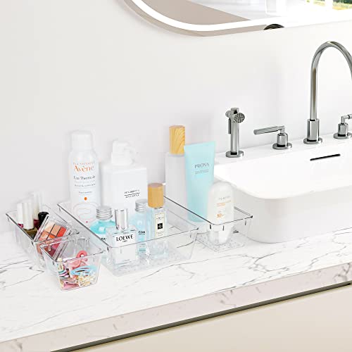 Vtopmart 37 PCS Clear Plastic Drawer Organizers Set, 4-Size Versatile Bathroom and Vanity Drawer Organizer Trays, Storage Bins for Makeup, Jewelries, Kitchen Utensils and Office