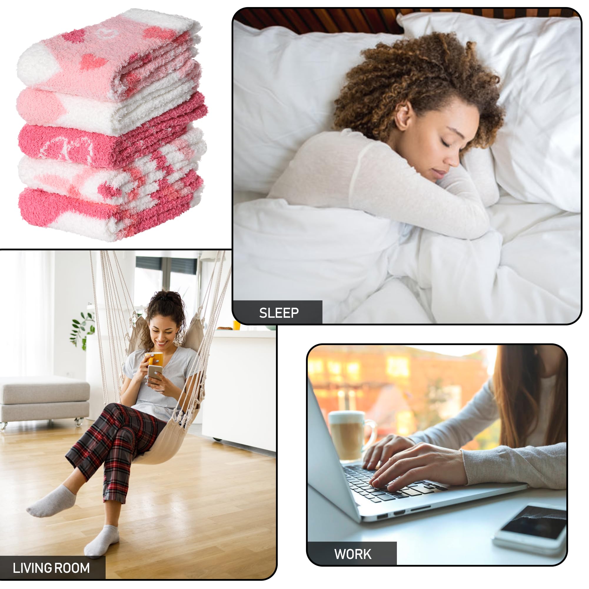 SDBING Fuzzy Socks for Women Soft Fluffy Home Sleeping Socks Cozy Warm Slipper Socks 6 or 5 Pairs (5 Pairs Pink Hearts)